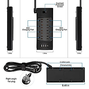 Surge Protector Power Strip 6 ft Flat Plug Power Strip, Multiple Plug Outlet, Outlet with 8 Sockets 4 USBInterface, 1875W, 2700 Joules, Black，Desktop Power Strip
