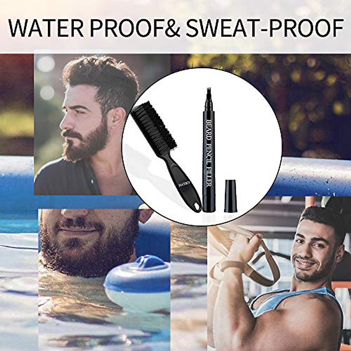 HATIKY Beard Pencil Filler For Men,Water Proof, Long Lasting Beard Pen,Barber Pencil and Beard Brush Male Mustache Repair Shape, Creates Natural Looking Beard, Moustache & Eyebrows (Black)