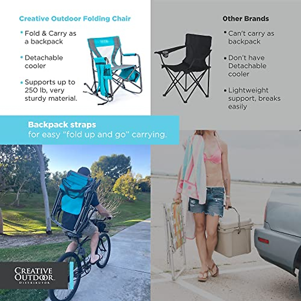 Creative Outdoor Collapsible Folding Rocking Director Chair | Folding Chair for Camping Picnic Beach Patio (Teal/Gray)