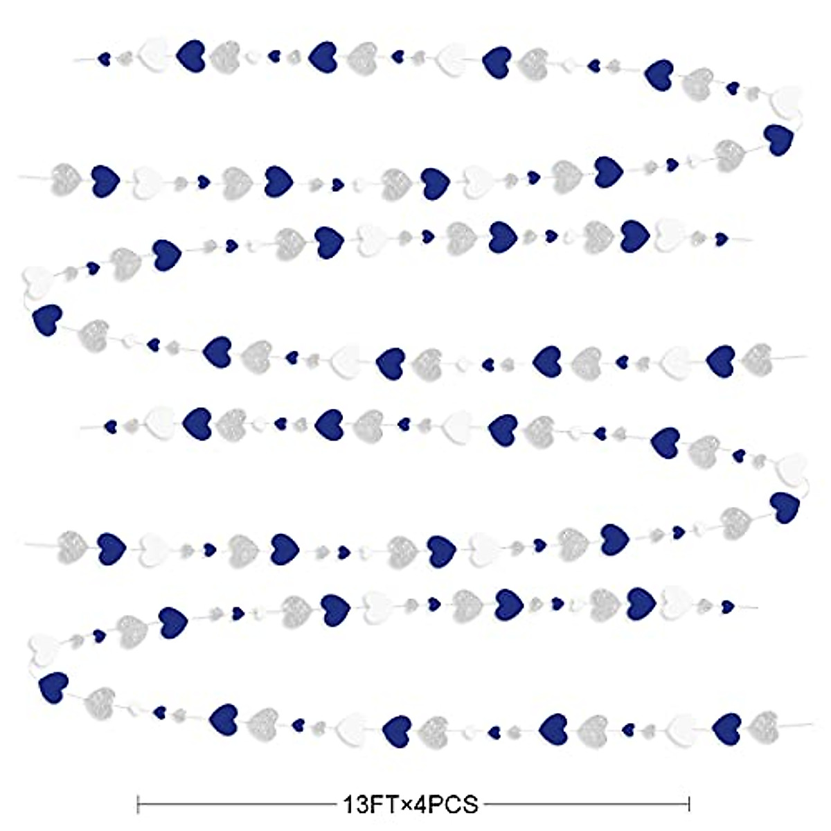 52 Ft Navy Blue Silver Love Heart Garlands Silver Royal Blue Hanging Streamer Banners for Anniversary Valentines Bachelorette Engagement Wedding Baby Bridal Shower Birthday Party Decorations Supplies