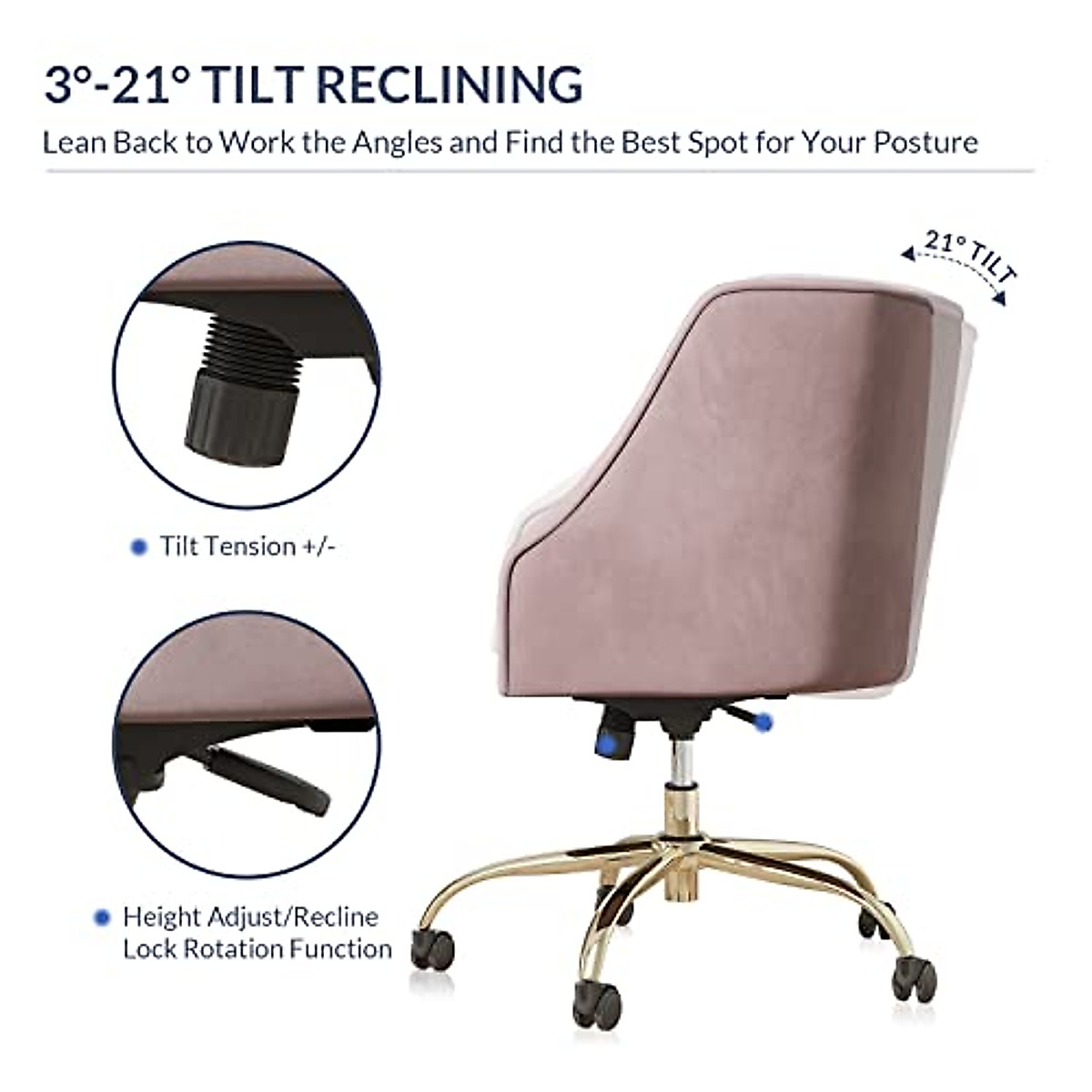 BELLEZE Modern Home Office Chair, Rolling Swivel Desk Chair, Upholstered Velvet Accent Chair, Stylish Comfy Vanity Chair, Adjustable Height - Braelynn (Pink)