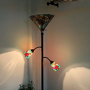 Bieye L10884 Maple Tree Leaves Tiffany Style Stained Glass Torchiere Floor Lamp with Sidelights for Reading Home Decor, 70-inches Tall (Maple Leaf, Red)