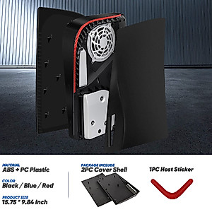 PS5 Black Plates, PS5 Disc Version Cover Plates with Red Sticker, PS5 Side Plates Hard Shockproof ABS Anti-Scratch Dustproof Blcak Cover Replacement PS5 Shell Plates
