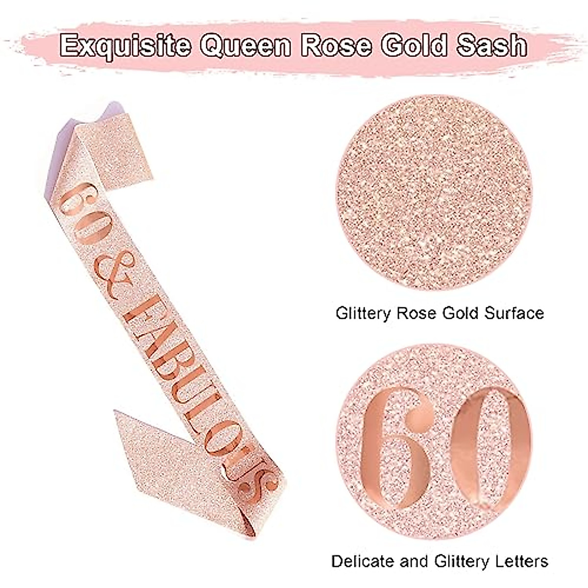 60th Birthday Gifts for Women Rose Gold, 60 Years Old Birthday Tiara, Sash, Balloons, Cake Topper, Candle and Glasses for 60th Birthday Party Decoration, 6 PCS