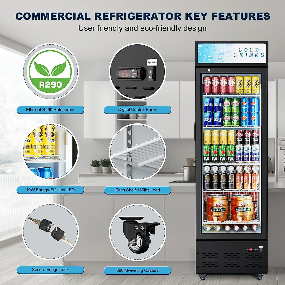 FreezLabs Glass Door Refrigerator Commercial Beverage Refrigerators with LED Light, 12 cu.ft and 5 Shelves, Display Refrigerator for Cafe Restaurant Store Bar, ETL/NSF Approved