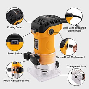 Hoteche Cpmpact Router 4.8-Amp/580W Wood Trimmer Fixed Base Electric Palm Router with 1/4" Collet for Wood Working Slotting, Trimming, Carving
