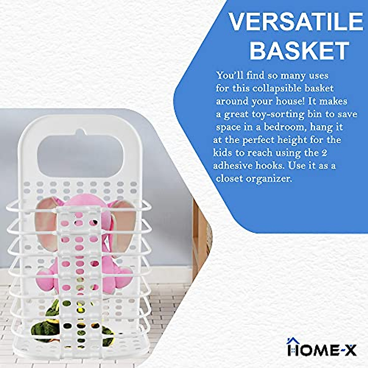 HOME-X Collapsible Laundry Hamper, Plastic Clothes Hamper and Collapsible Laundry Basket, Convenient Hanging Laundry Hamper, 18" L x 10 ½” W x 6 ½” H, White
