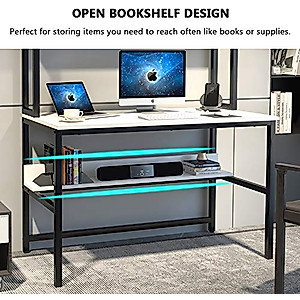 Aquzee Computer Desk with Hutch and Bookshelf, 47 Inches White Home Office Desk with Space Saving Design, Metal Legs Table Desk with Upper Storage Shelves for Study Writing/Workstation, Easy Assemble