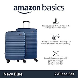 Amazon Basics 2-Piece Luggage Set (21", 30"), Hardshell Suitcases With Wheels, Expandable For Up to 25% More Space, With Scratch-Resistant Surface, Four Multi-directional Wheels, Navy Blue