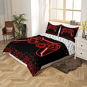 jejeloiu Gamer Bedding Set for Kids Boys Girls Gaming Honeycomb Comforter Cover Set Twin Size Video Game Duvet Cover Bedroom Decor Red Geometric Bedspread Cover Bedding Collection 2Pcs