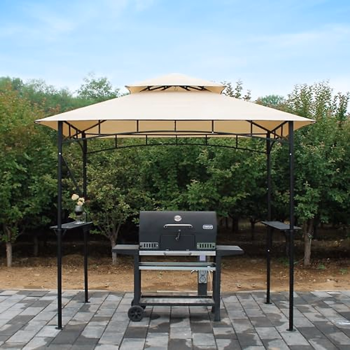 DikaSun Grill Gazebo 8 x 5 Double Tiered Outdoor BBQ Covering Canopy Shade for Patio Barbecue Gazebo Backyard Tent Shelter and 10 Hooks(Sand)