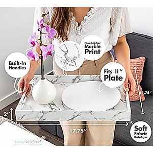 Home Redefined 18”x12” White Marble Faux Leather Decorative Serving Tray with Handles