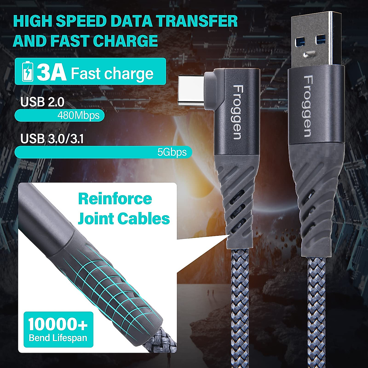 Froggen Link Cable Quest 2 Quest 1 [USB3.2/ 5Gbps] Nylon Braided Quest 2 Link Cable, High Speed Transfer & Fast Charge USB C Cable Compatible for VR Quest Headset and Gaming PC (10FT/3M)