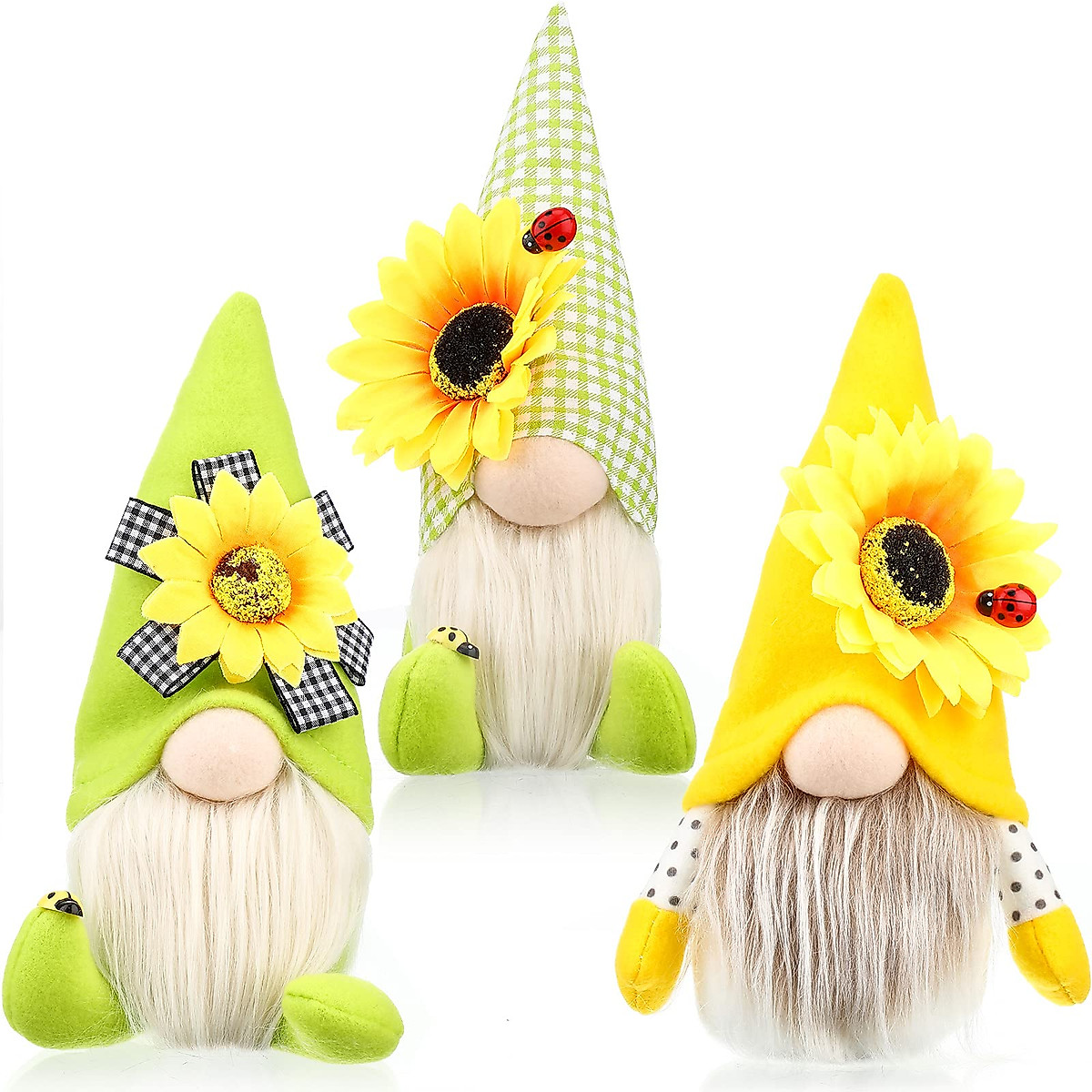 3 Pieces Sunflower Summer Gnomes Sunflower Garden Plush Doll Honey Bee Fall Decorations Scandinavian Tomte Swedish Sunflower Elf for Farmhouse Kitchen Decor, Rustic Buffalo Plaid Ladybug