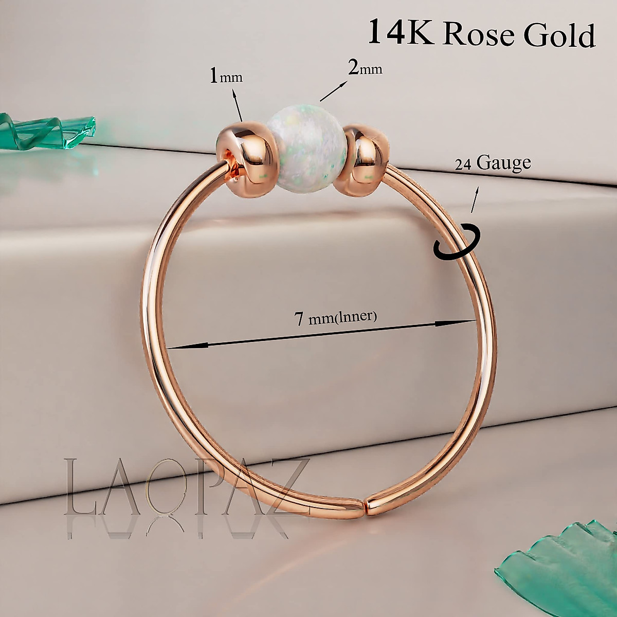 LAOPAZ White Opal Nose Ring 14k Rose Gold Piercing Hoop - 24 Gauge Nose Jewelry For Women Men - Handmade Nose Rings…