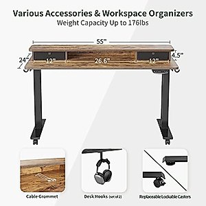 FEZIBO Height Adjustable Electric Standing Desk with Double Drawer, 55 x 24 Inch Stand Up Table with Storage Shelf, Sit Stand Desk with Splice Board, Black Frame/Rustic Brown Top