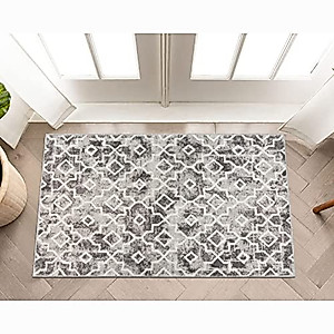Wonnitar Moroccan Washable Area Rug - 2x3 and 2x4.3 Grey Distressed Entryway Kitchen Rug Non-Slip Modern Geometric Trellis Throw Rug Faux Wool Indoor Floor Carpet for Bedroom Bathroom Laundry