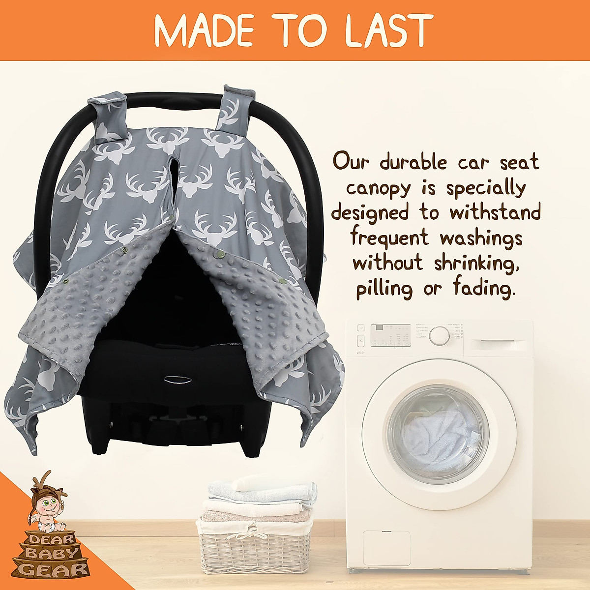 Dear Baby Gear - Baby Car Seat Canopy - Toddler Carrier Cover - Infant Car Seat Cover - Carseat Covers with Snap Opening - Carseat Canopies for Boys & Girls - 40x30 (Antlers on Gray, Gray Dot)