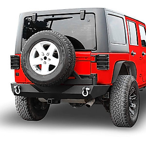LEDKINGDOMUS Front& Rear Bumper with Tire Carrier Compatible with 07-18 Jeep Wrangler JK JKU Rubicon Sahara Sports Model w/ 2x 60W Fog Light, Winch Plate and D-rings Offroad Rock Crawler Bumper