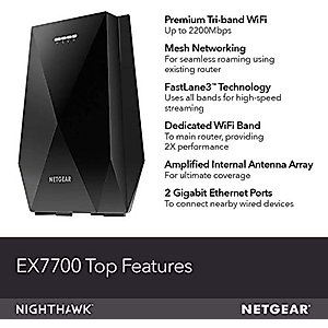 NETGEAR WiFi Mesh Range Extender EX7700 - Coverage up to 2300 sq.ft. and 45 devices with AC2200 Tri-Band Wireless Signal Booster & Repeater (up to 2200Mbps speed), plus Mesh Smart Roaming