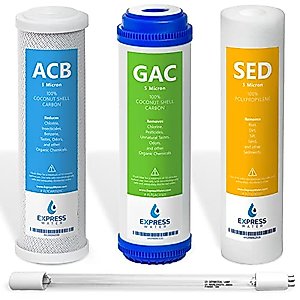 Express Water – UV Ultraviolet Direct Water Filtration System Replacement Filter Set – 4 Filters with Carbon (GAC, ACB) and Sediment (SED) and UV Ultraviolet Bulb – 10 inch Size Water Filters