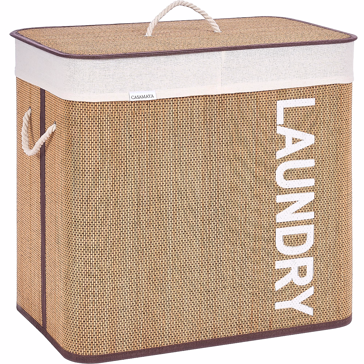 CASAMAYA Laundry Basket, 33.6 Gal (127L) Bamboo Laundry Hamper with 2 Section, Hamper with lid, Foldable, Removable and Machine Washable Liner, for Laundry Room, Bedroom, Natural LHB127Y01