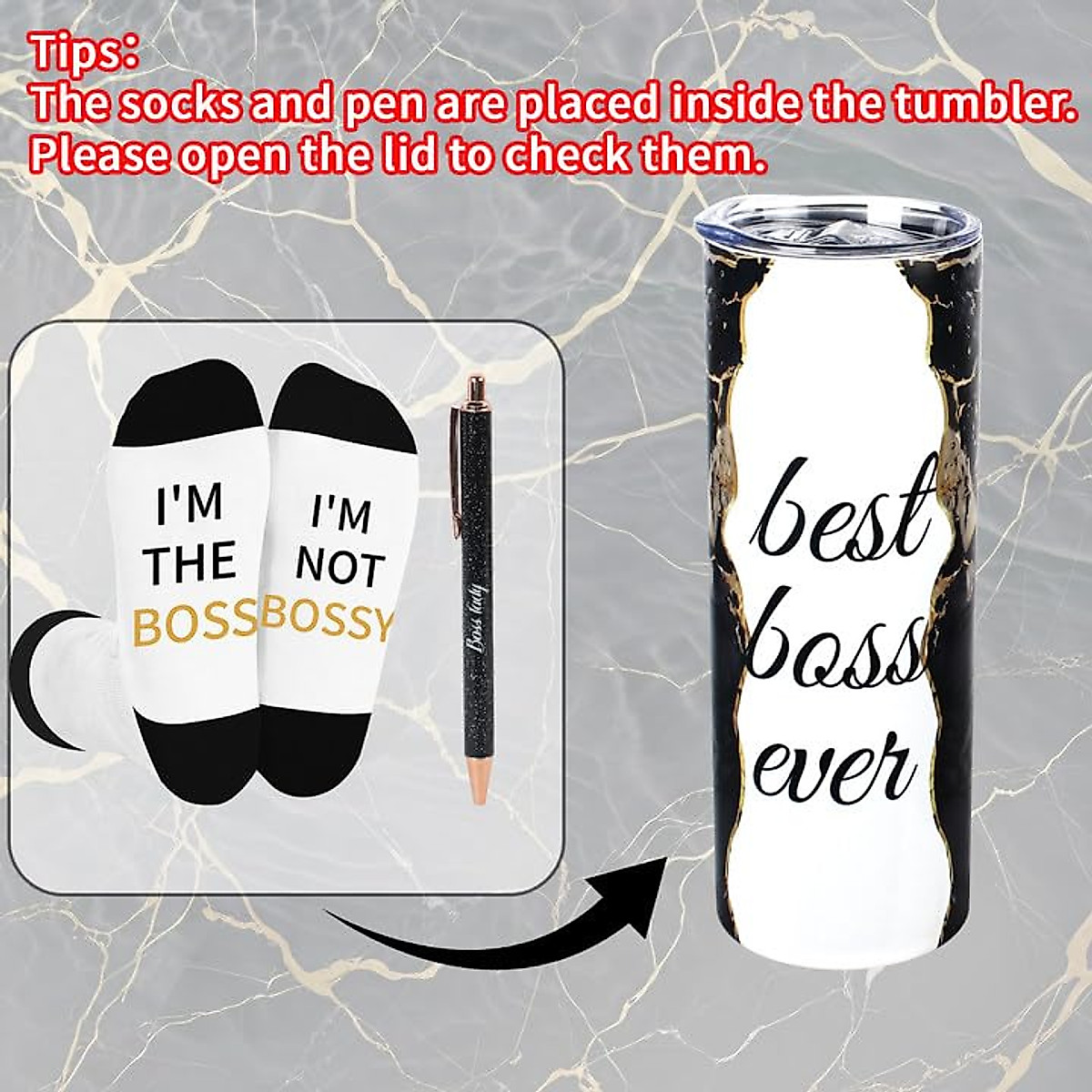 4 PCS Best Boss Lady Gifts Thank You Gifts for Women Includes 20 Oz Black Marble Tumbler Cotton Socks A6 Notepad with Ballpoints, Appreciation Day Boss Day Office Leader Christmas Gift