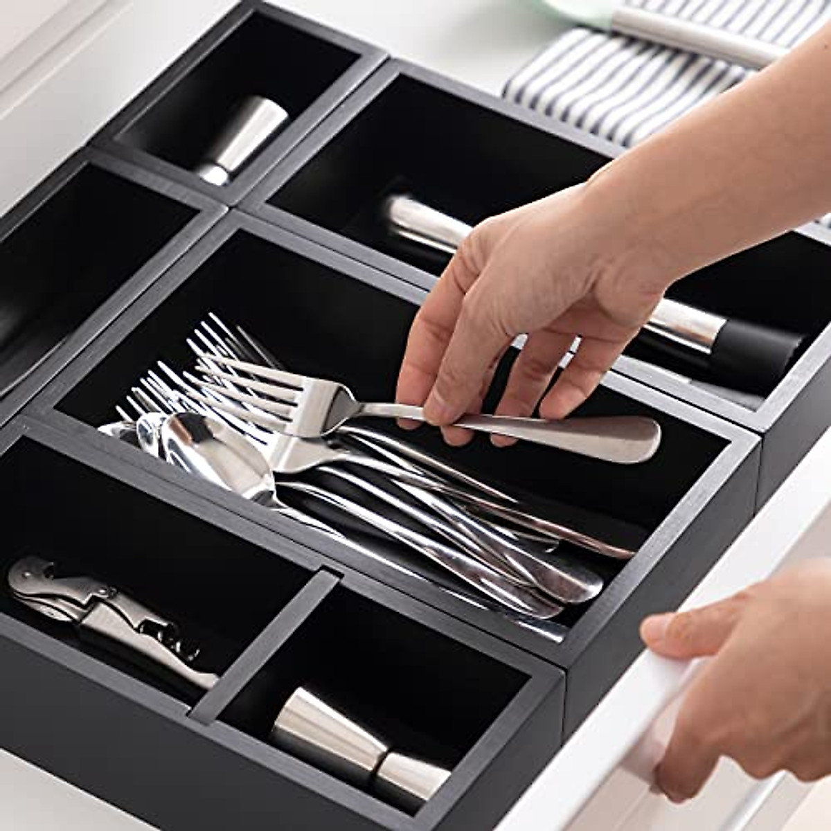 Oyydecor Bamboo Drawer Organizer Storage Box Set, 5-Piece Multi-Use Junk Drawer Organizer for Kitchen, Bathroom, Office Desk, Dresser, Makeup, Vanity (Black)