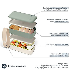 monbento - Bento Box MB Original Natural with Compartments - 2 Tier Leakproof Lunch Box for Work/School Lunch Packing and Meal Prep - BPA Free - Food Grade Safe Food Containers - Green