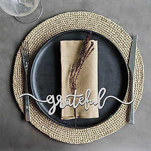 Aukolass 8 Pcs Thanksgiving Plate Cards, Thanksgiving Table Decorations Grateful Thankful Blessed Gather Place Card Plate Decors for Home Party (Silver)