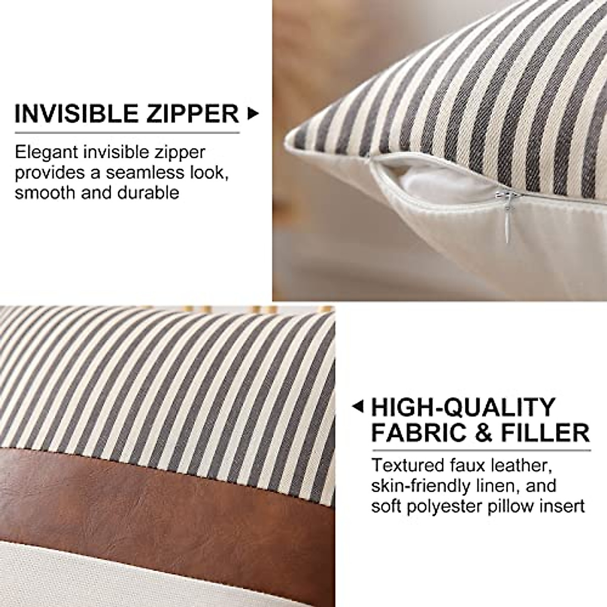 Mecatny Boho Throw Pillows 18x18 Set of 2 - Farmhouse Decorative Throw Pillows with Inserts Included - Brown Faux Leather Modern Stripe Patchwork Linen Accent Throw Pillows for Couch Bed Sofa, Grey