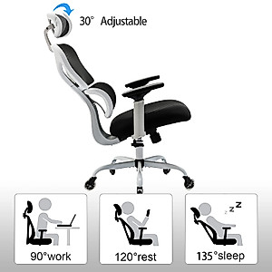 KERDOM Ergonomic Office Chair, Home Desk Chair, Comfy Breathable Mesh Task High Back Thick Cushion Computer Chair with Headrest and 3D Armrests, Adjustable Height Home Gaming Chair (F-White)