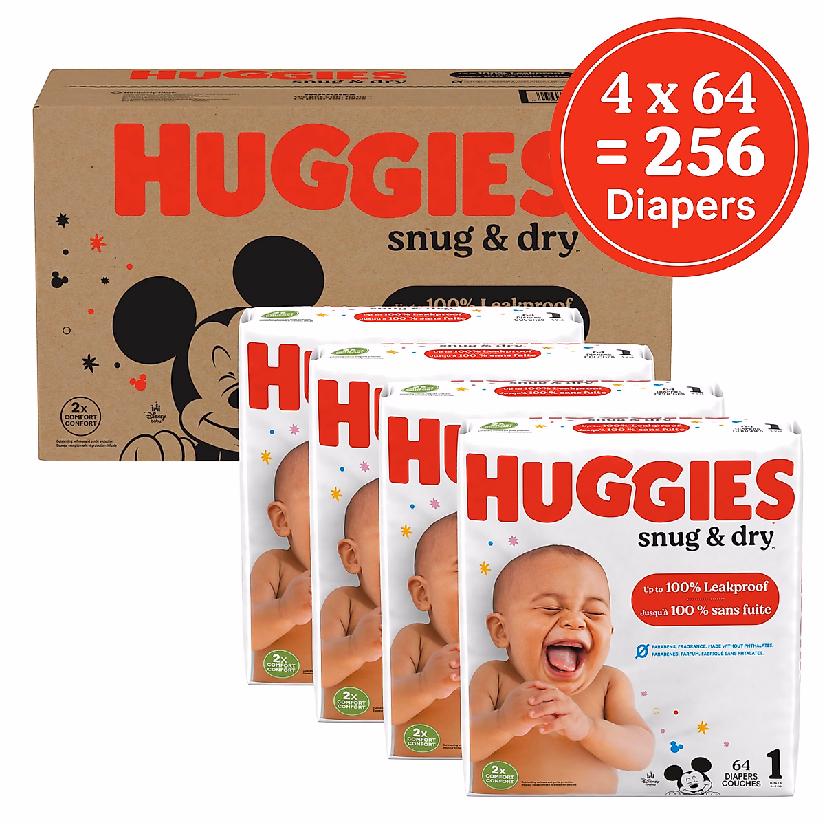 Huggies Size 1 Diapers, Snug & Dry Newborn Diapers, Size 1 (8-14 lbs), 256 Count (4 Packs of 64), Packaging May Vary