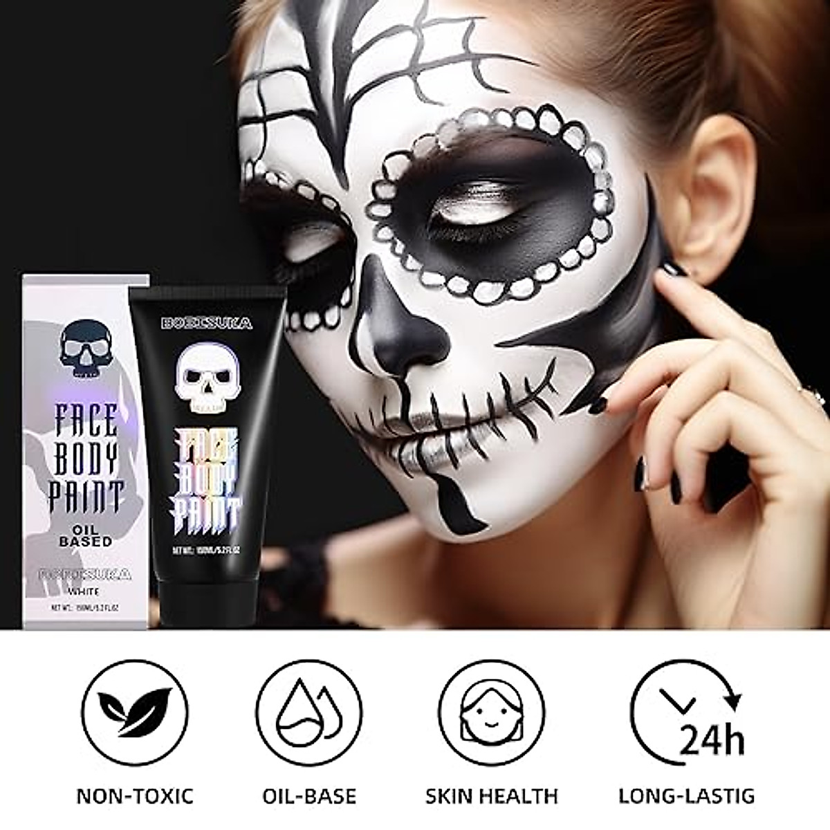 BOBISUKA 150ml Oil-Based White Face Body Paint Cream, 5.2Oz PRO Large Tube Clown White Washable Makeup Skull Joker Skeleton Face Painting for SFX Cosplay Halloween Costume Makeup Foundation