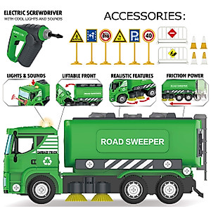 Street Sweeper Toy - 130 Pcs Friction Power STEM Take Apart Toys with Drill, Push & Go Lights & Sounds for Kids - Sanitation Trash Construction Vehicle Playset for Boys Ages 4 5 6 7 8 Years Old