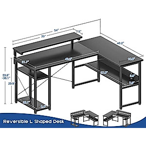 ODK L Shaped Computer Desk, 54" Reversible Corner Computer Desk with Storage Shelves & Monitor Stand, Home Office Desk, Gaming Desk, Writing Desk, Black