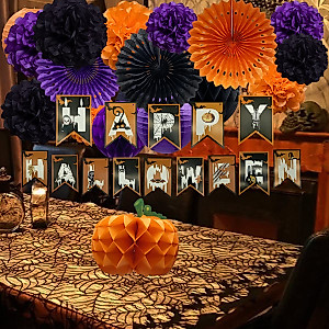 19pcs Black Orange Purple Halloween Banner Tissue Pom Poms Decorations Kit Paper Lanterns Fans Circle and Pumpkin Honeycomb Balls for Graduation Party Classroom Tables Decor Indoor