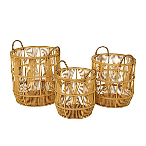 Deco 79 Wood Handmade Decorative and Functional Storage Basket Basket Organizer with Handles, Set of 3 Basket for Storage 19", 17", 15"H, Brown