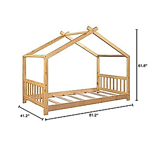 Merax Twin Size Wood House Bed with Roof, Headboard and Footboard, No Box Spring Needed, Natural