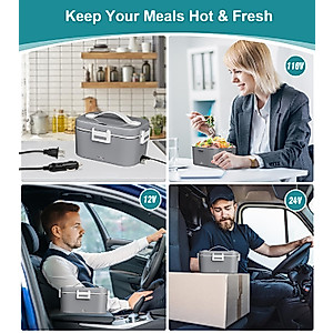Dicorain Electric Lunch Box, 80w 1.8L Heated Lunch Box for Truck/Car/Office/Home/Work, 12/24/110v 3 In 1 Portable Food Warmer Lunch Box with Removable SS Container, Fork & Spoon (Grey)