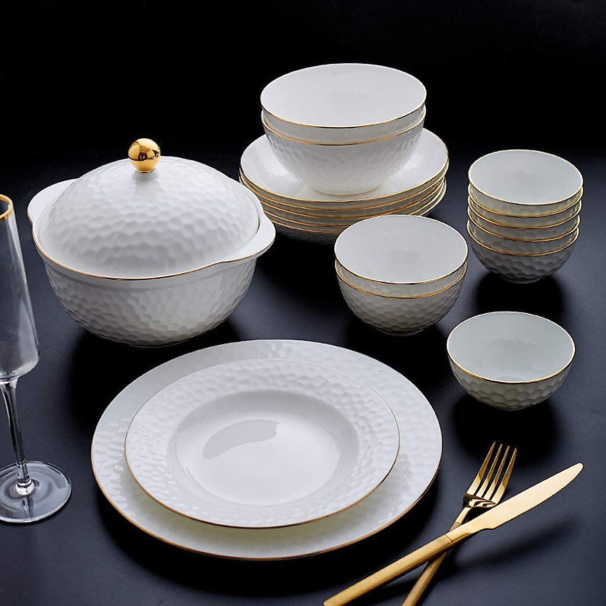 Plate and Bowl SetKitchen Tableware Set,Ceramics Dinner Sets, 60 Pieces Handmade Gold Bone China Dinnerware Set | Cereals Bowl & Dish & Soup Pot for Family Gathering - Porcelain Combination Set