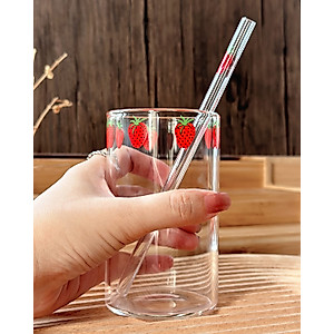 Kreapa strawberry cups 2 SetsCute glass strawberry cups 300ML straw glass cups, Cute strawberry pattern glass bottles for water milk tea, coffee juice tea cups （2pcs）