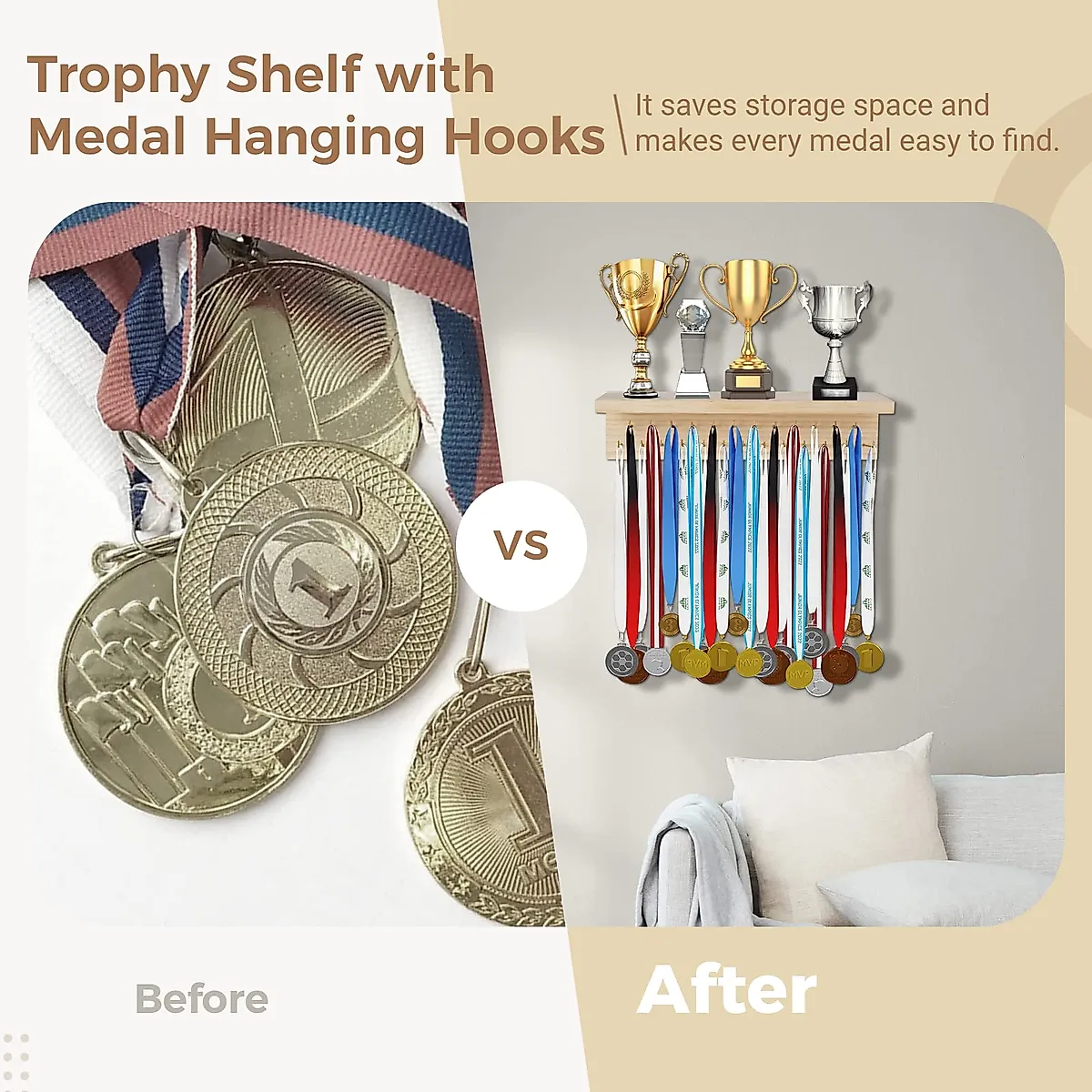 Medal Wall Hanger, Wall-mounted Medal Display Rack, Trophy Shelf and Medal Holder, Wooden Shelf with 25 Steel Hooks for Medals for Athletes, Players in Basketball, Football, Soccer (Wood color)