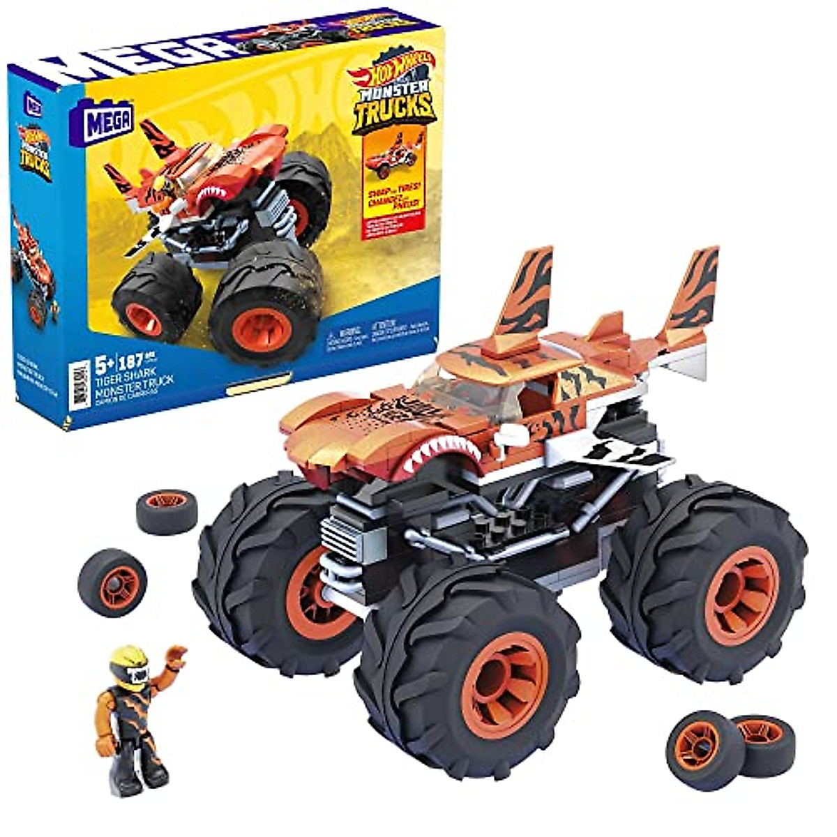 MEGA Hot Wheels Monster Trucks Building Toy Playset, Tiger Shark with 187 Pieces, 1 Micro Action Figure Driver, Orange and Black, Kids Age 5+ Years