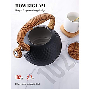 Tea Kettle, 2.7 Quart / 3 Liter BELANKO Stainless Steel Tea Kettles for Stove Top, Food Grade Teapot with Wood Pattern Handle Loud Whistling for Coffee, Milk etc, Gas Electric Applicable - Black
