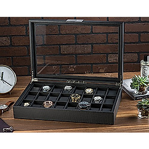 Glenor Co Watch Box for Men - 24 Slot Flat Luxury Display Case Organizer, Carbon Fiber Design for Mens Jewelry Watches, Men's Storage Holder Boasts Large Glass Top,Metal Buckle & Leather Pillows-Black