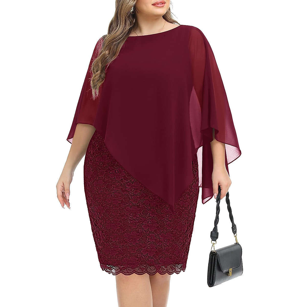 Burgundy Plus Size Dresses Wedding Guest Red Formal Cocktail Party Women Ladies Mother Cape Chiffon Lace Overlay Dress