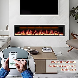Benrocks 74'' Slim Electric Fireplace Inserts - WiFi-Enabled, Alexa & App Control, Recessed & Wall Mounted, 13 * 13 * 3 Flame Color Combinations, 750W/1500W, Black
