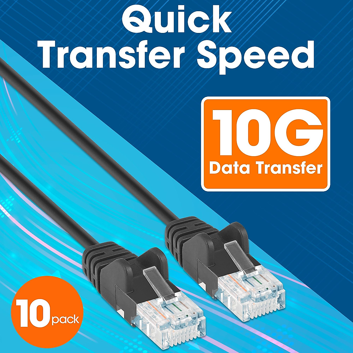 Intellinet Slim Cat6 Ethernet Network Patch Cable – 10-Pack - 10Gbps & 250MHz, Snagless Boot, 30AWG Pure Bare Copper Wire, Gold-Plated Contacts, Lifetime Mfg Warranty – 1.5ft, 10 Pack Black