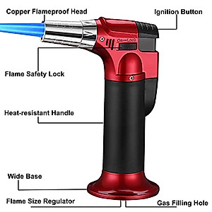 2 Pack Butane Torch Lighters,PBXZET Blow Torch Refillable Kitchen Cooking Torch with Safety Lock Adjustable Flame Chef Torch for Desserts Brulee BBQ Baking-Butane Gas Not Included(Silver Red)